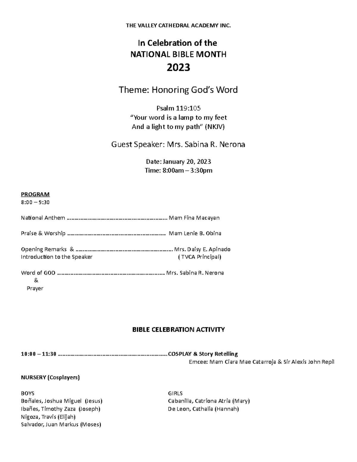 National- Bible- Celebration Program - THE VALLEY CATHEDRAL ACADEMY INC ...