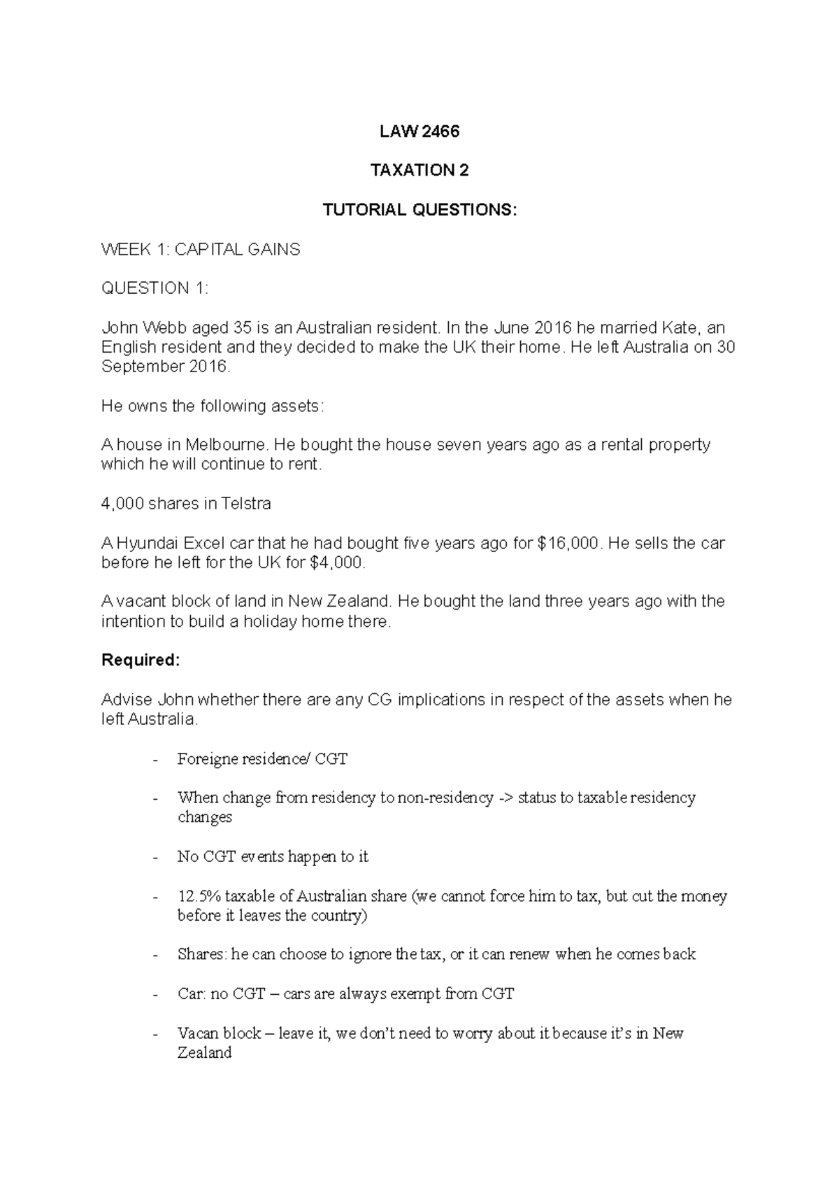 LAW 2466 - Taxation law ii tutorial questions/ revision questions - LAW 2466 TAXATION 2 TUTORIAL ...