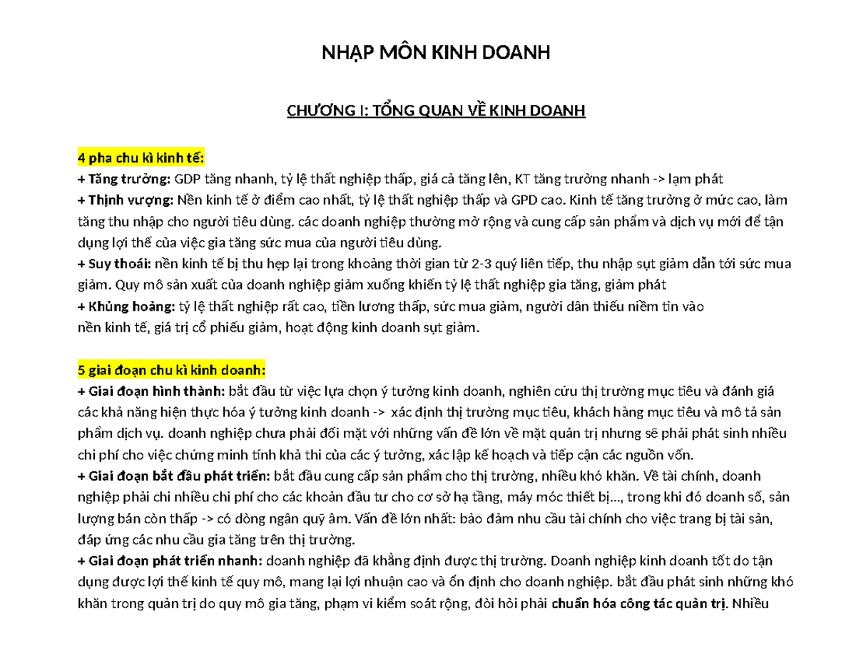 NHẬP MÔN KINH Doanh - NHẬP MÔN KINH DOANH CHƯƠNG I: TỔNG QUAN VỀ KINH ...