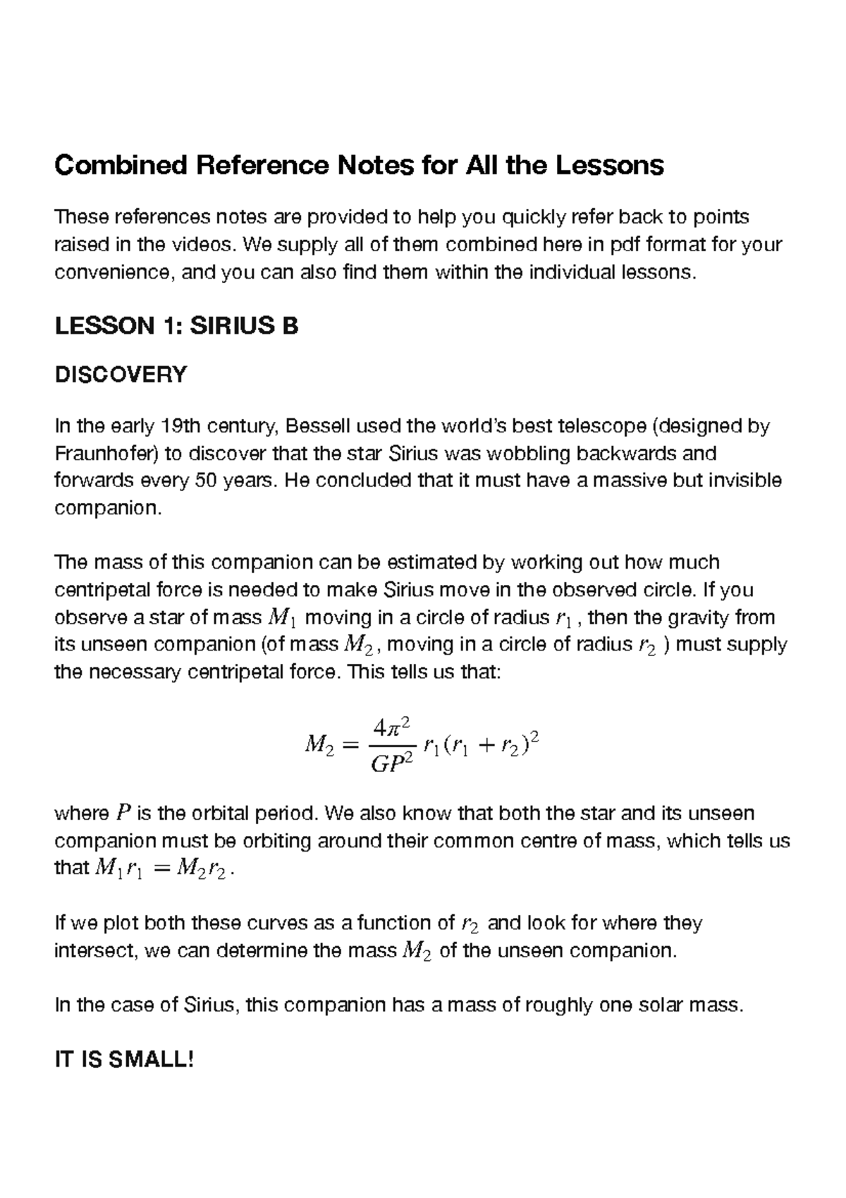 Combined Reference Notes for Lessons on Sirius B Discovery and White ...