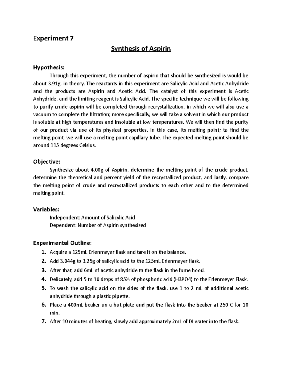 ACHM 115 - Experiment 7 - Synthesis of Aspirin - Experiment 7 Synthesis ...