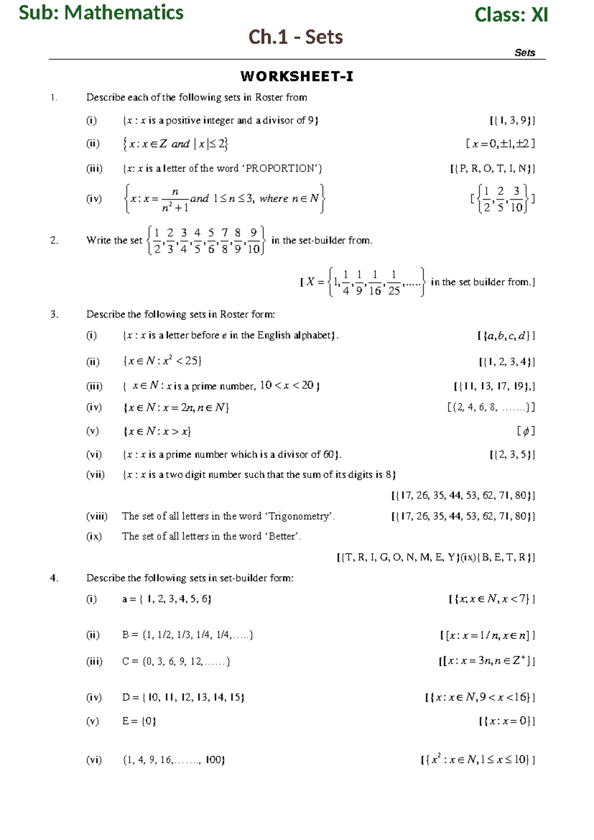 1. SETS 1 - MATHS QUESTIONS - 9 Sets WORKSHEET-I 1. Describe each of ...
