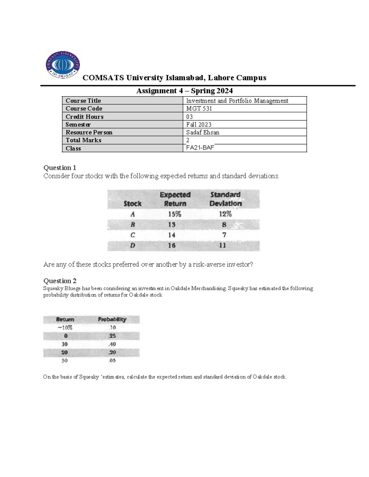 Assignmnet 4 - COMSATS University Islamabad, Lahore Campus Assignment 4 ...