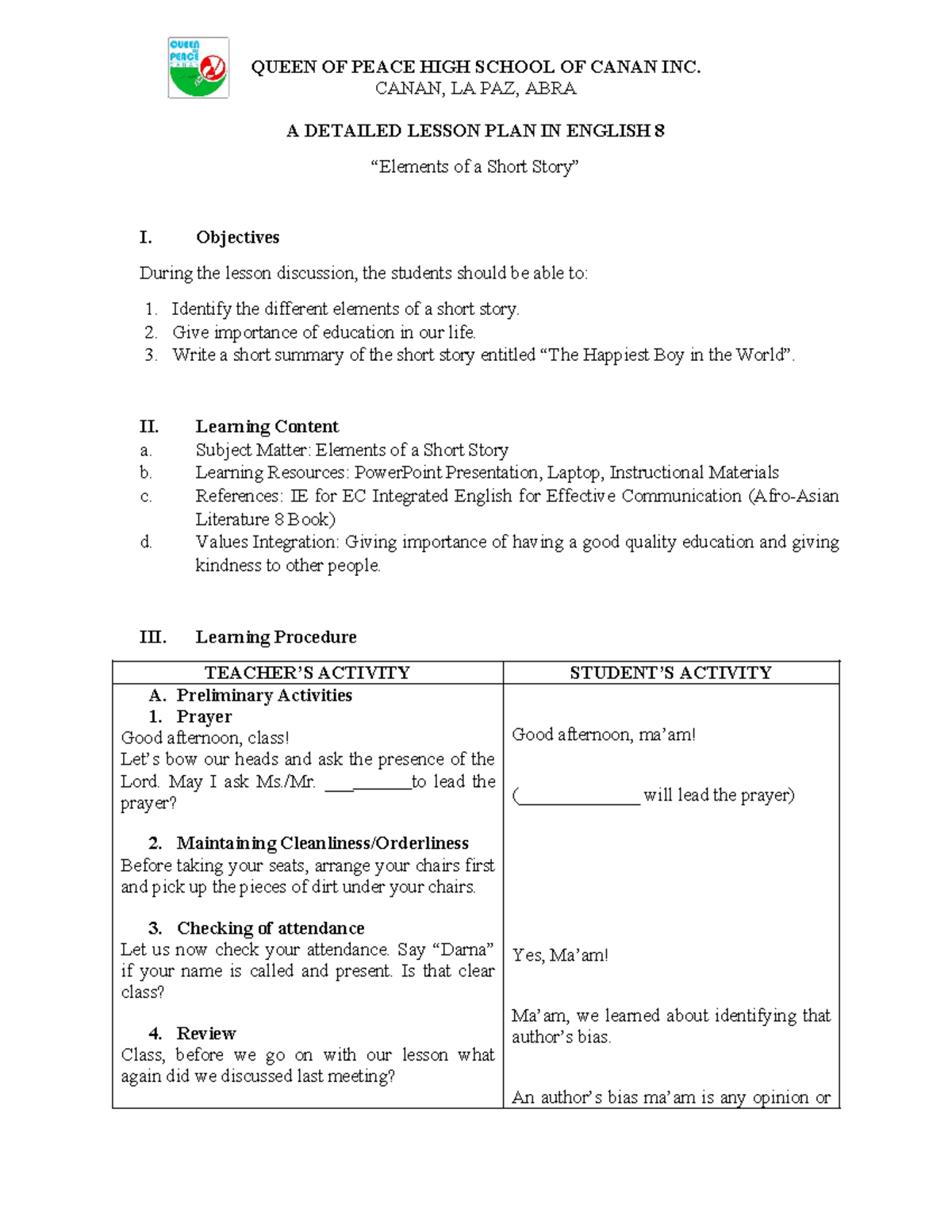 Final Detailed Lesson PLAN DEMO - CANAN, LA PAZ, ABRA A DETAILED LESSON ...