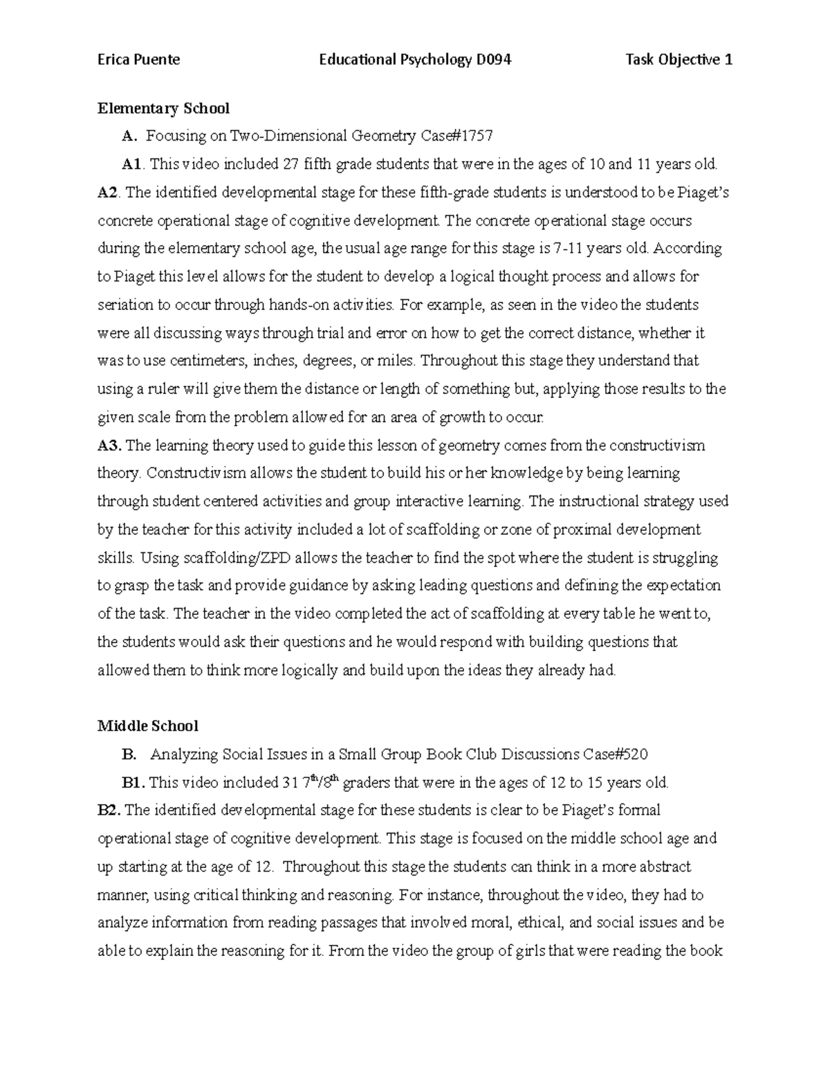 Psych. Task 1 - Task 1 - Elementary School A. Focusing on Two ...
