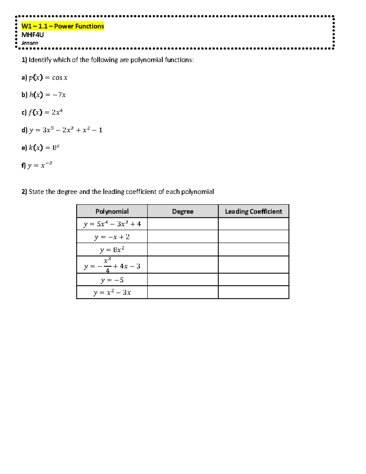 1 - Notes - W1 – 1 – Power Functions MHF4U Jensen 1) Identify which of ...