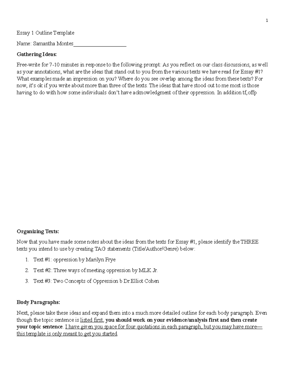Essay #1 Pre-Writing Outline template - Essay 1 Outline Template Name ...