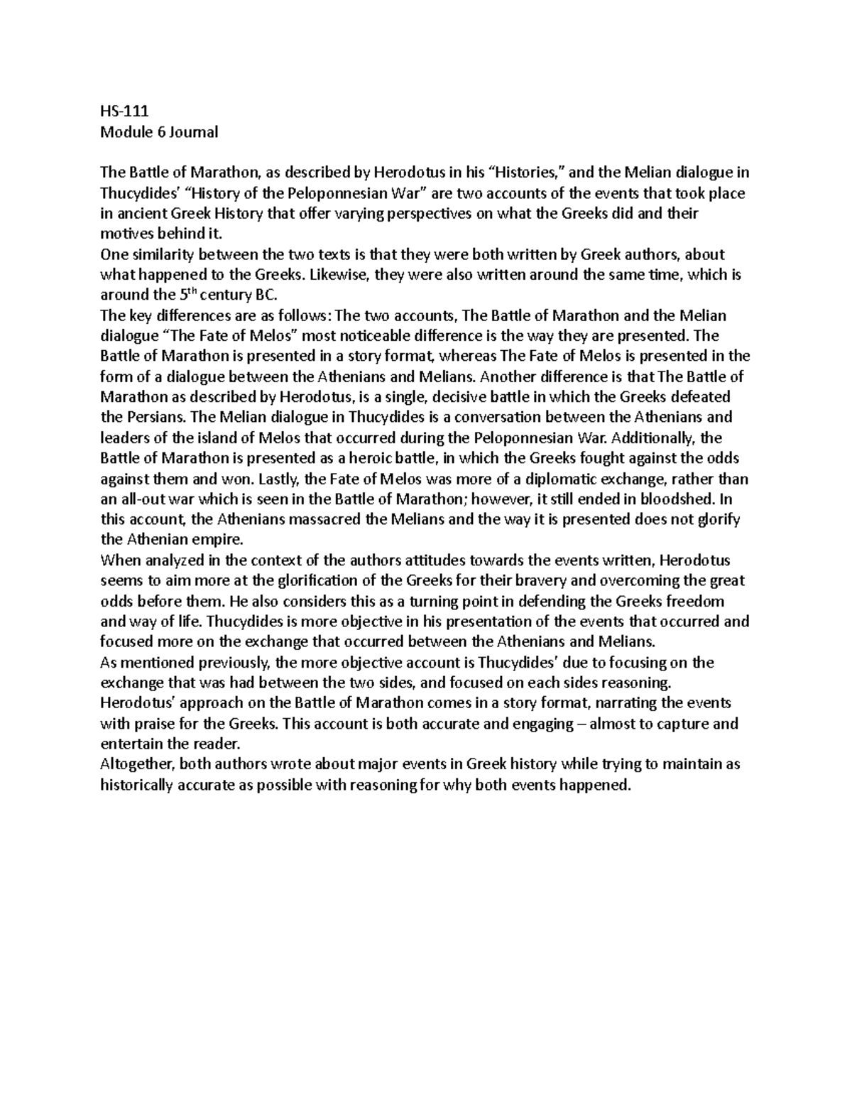 HS-111 Module 6 Journal - HS- Module 6 Journal The Battle of Marathon ...