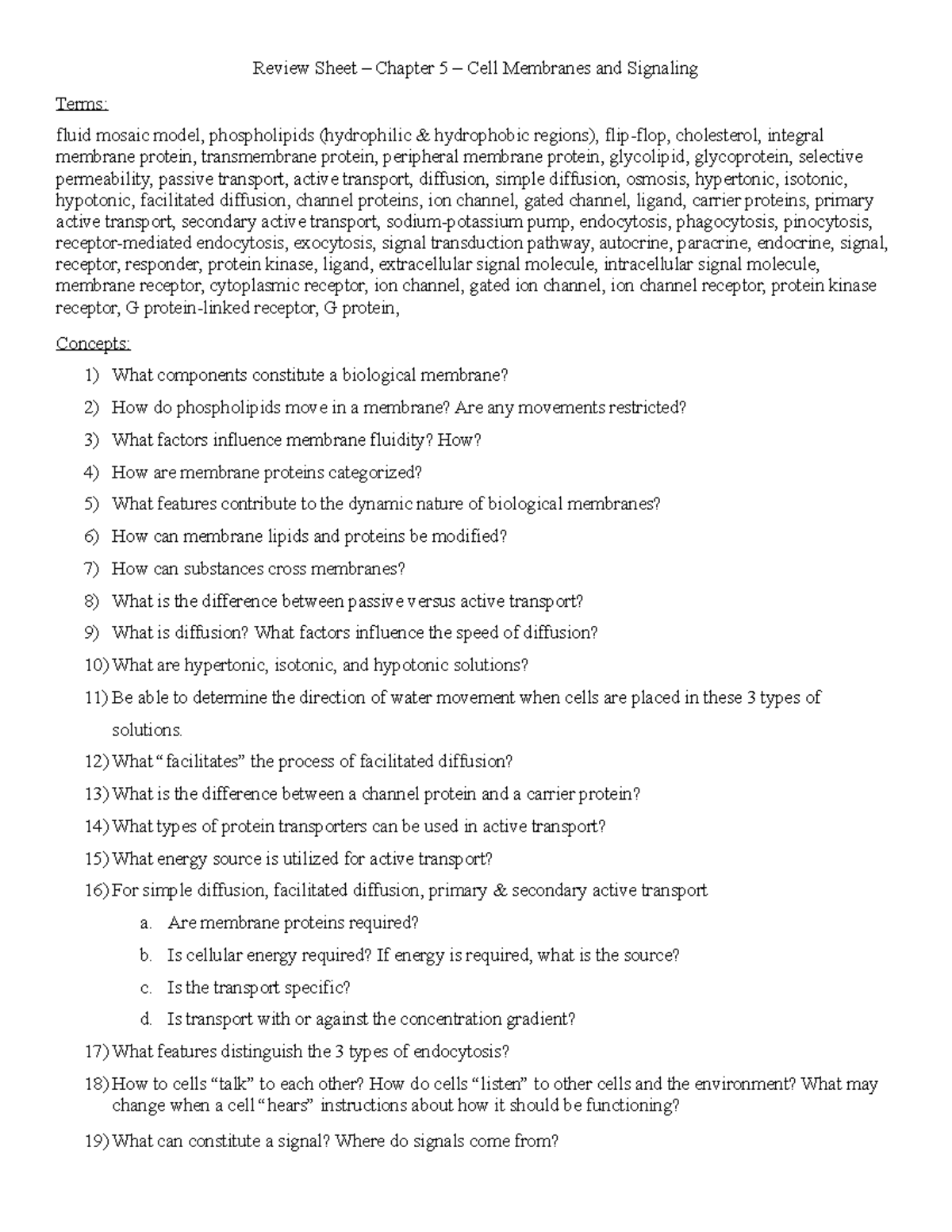 Bio 196 Chapter 5 Review - Review Sheet – Chapter 5 – Cell Membranes ...