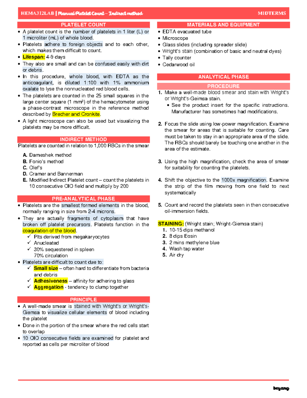 HEMA 2 LAB WEEK 8 PLT Count (indirect) - HEMA312LAB | Manual Platelet ...