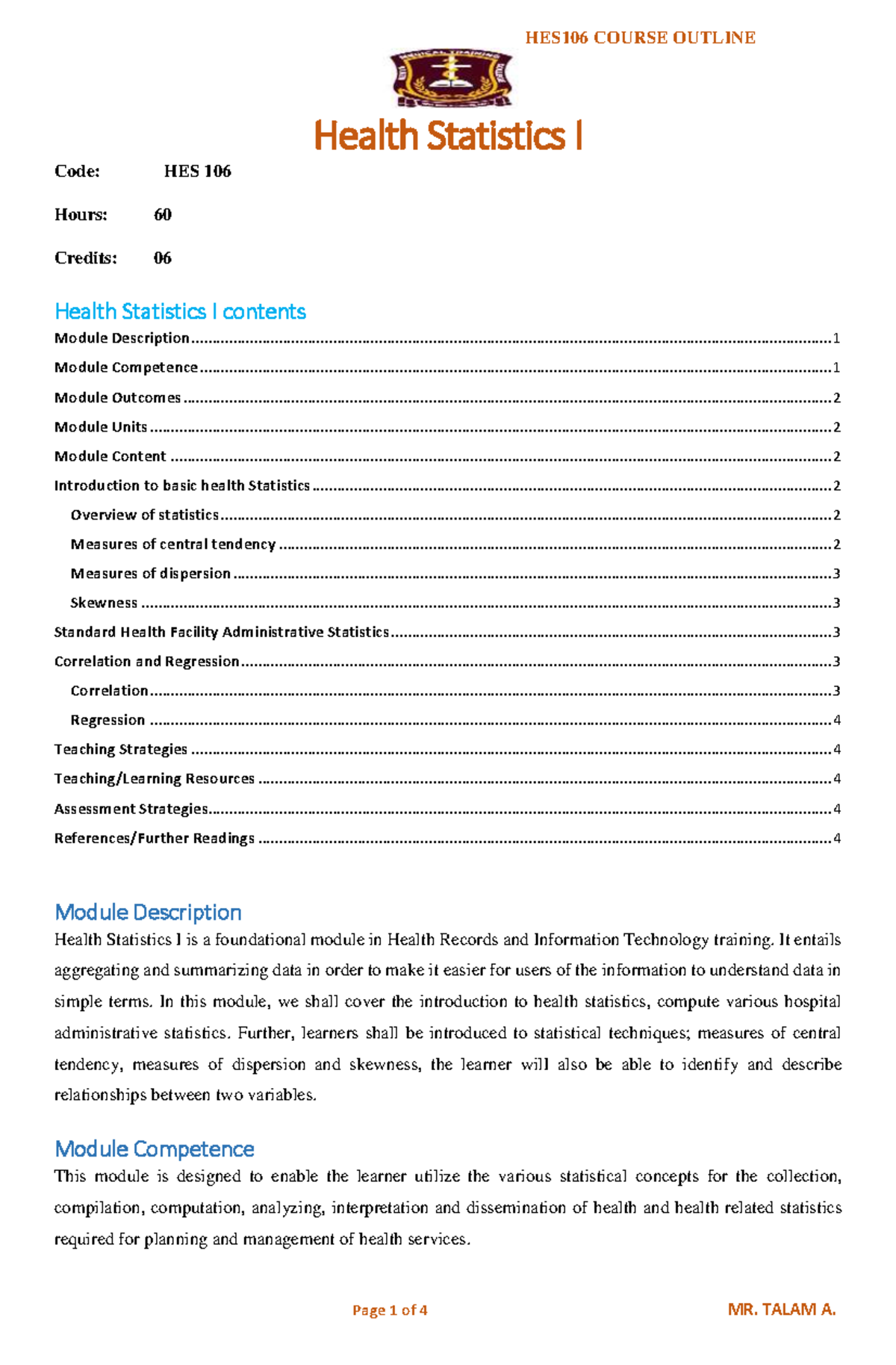 Health Statistics I Course Outline- Diploma - Health Statistics I Code ...