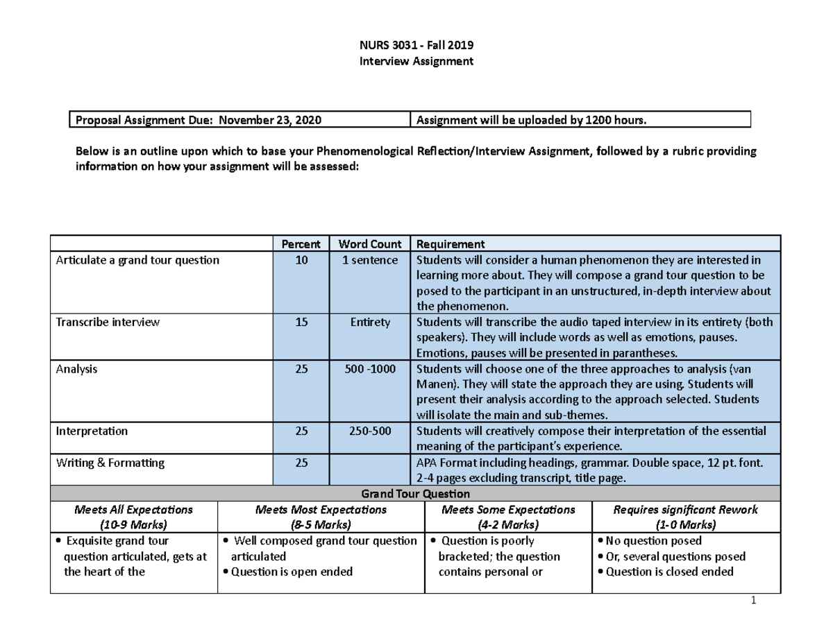Interview Assignment Rubric - Interview Assignment Proposal Assignment Due: November 23, 2020 ...