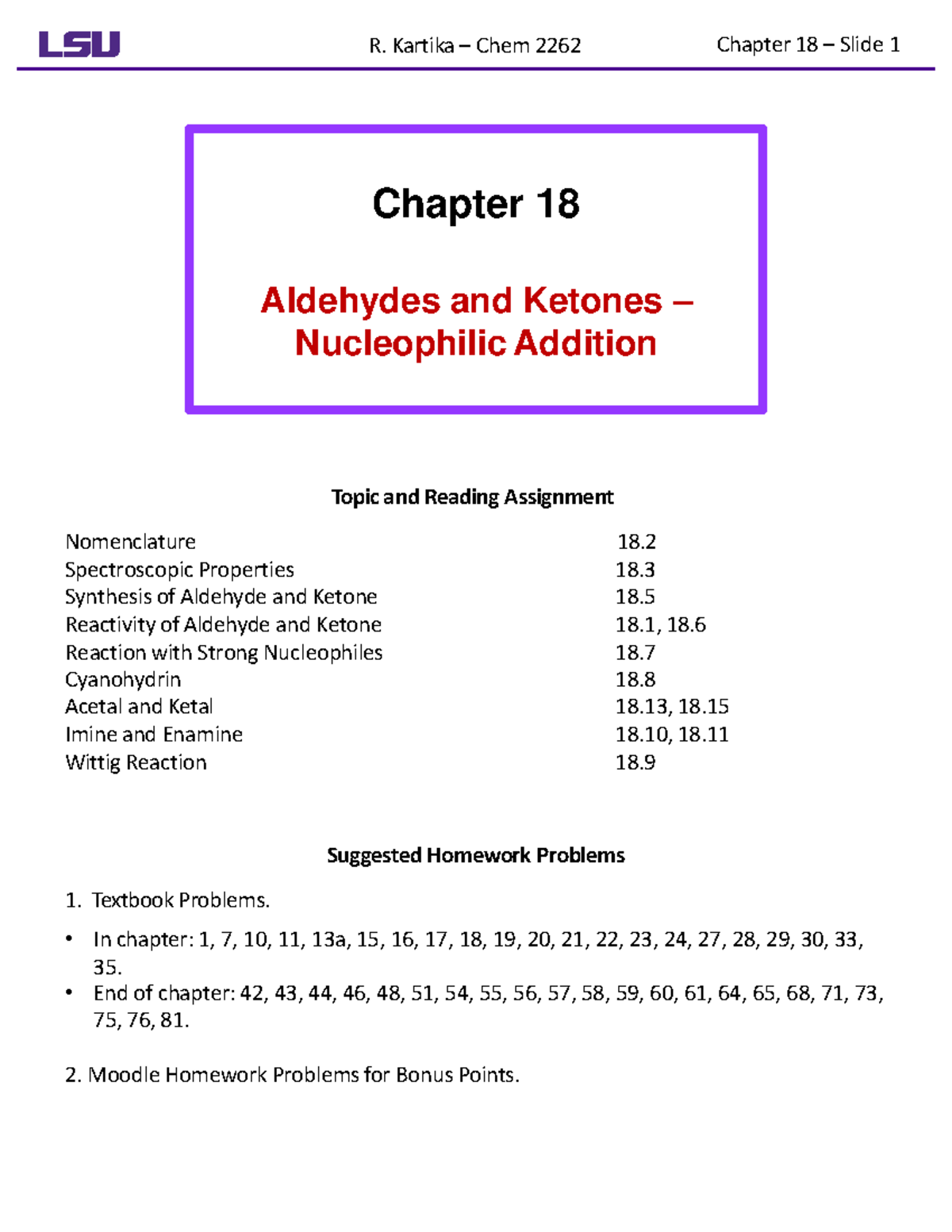 Ch 18 notes - Chapter 18 Aldehydes and Ketones – Nucleophilic Addition ...