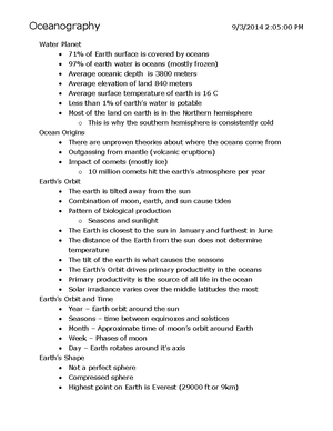 Revision Notes Introduction To Oceanography - Chapter 1: The Water ...