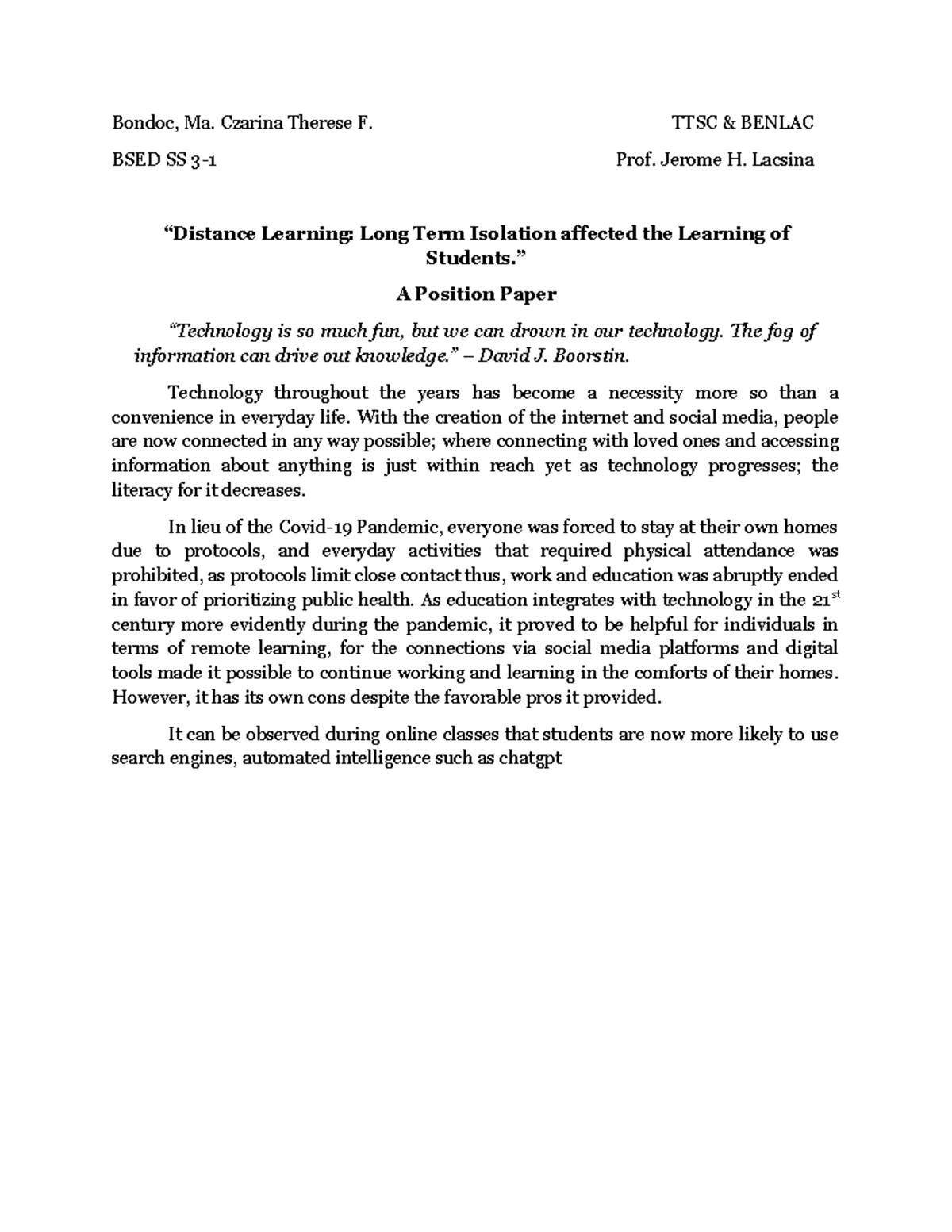 Midterms Position Paper - Bondoc, Ma. Czarina Therese F. TTSC & BENLAC ...