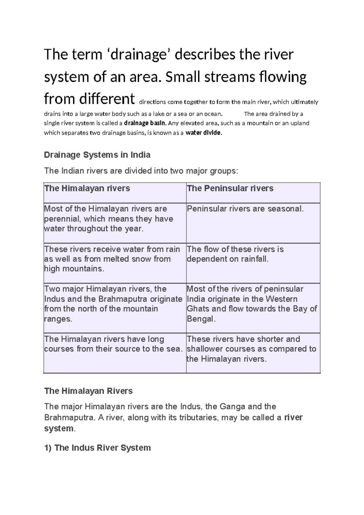 Geography notes - The term ‘drainage’ describes the river system of an ...