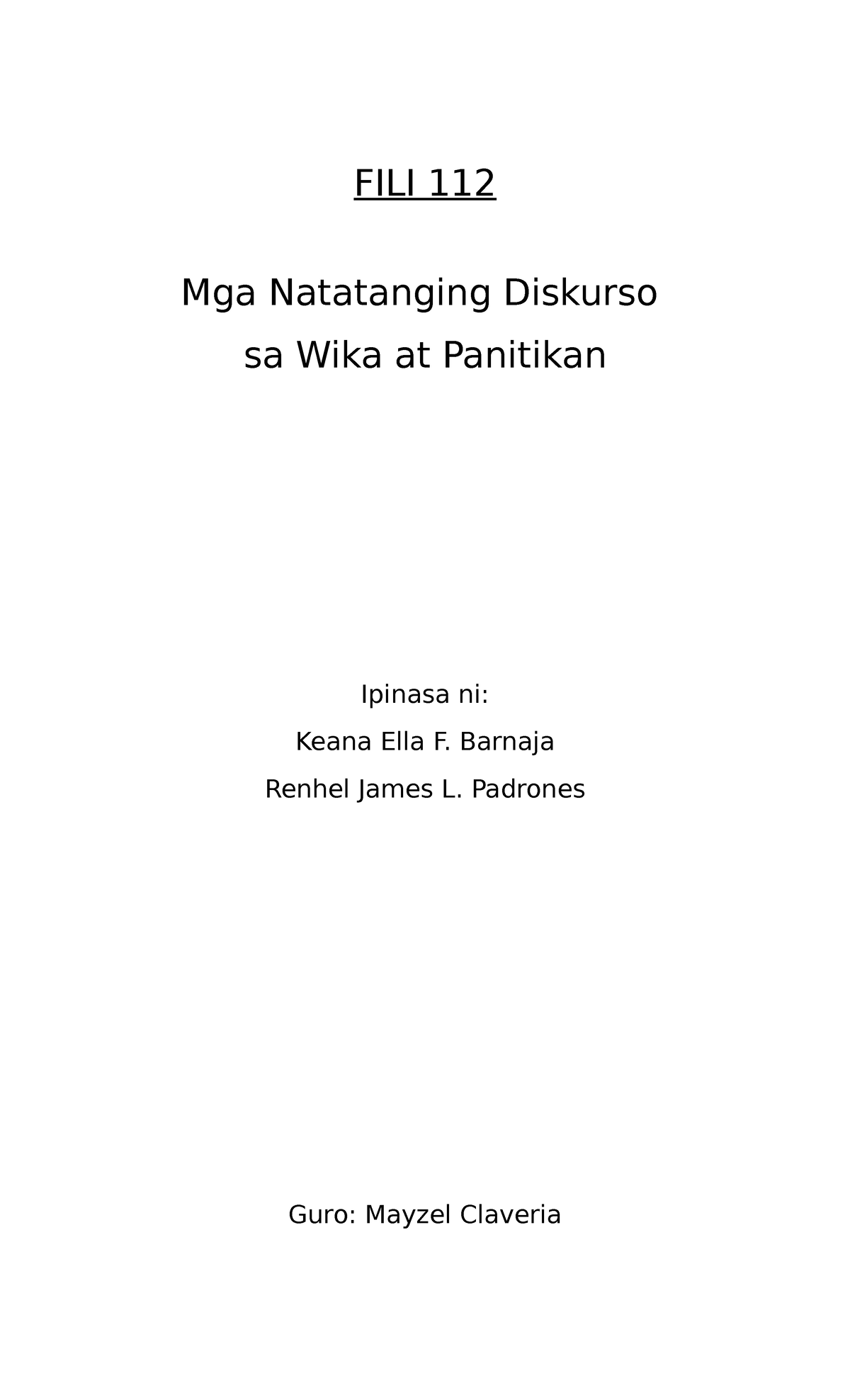 Different Languages - Lesson - FILI 112 Mga Natatanging Diskurso sa Wika at Panitikan Ipinasa ni ...