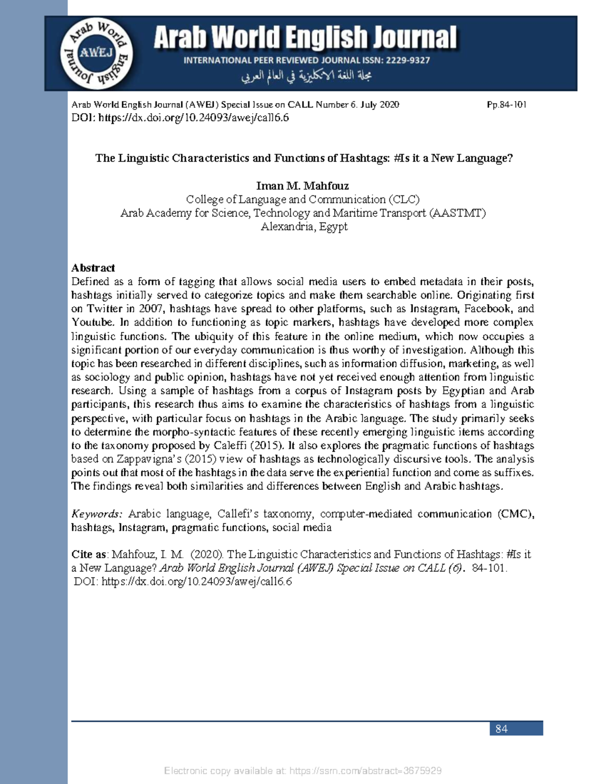 SSRN-id3675929 - 84 Arab World English Journal (AWEJ) Special Issue on ...
