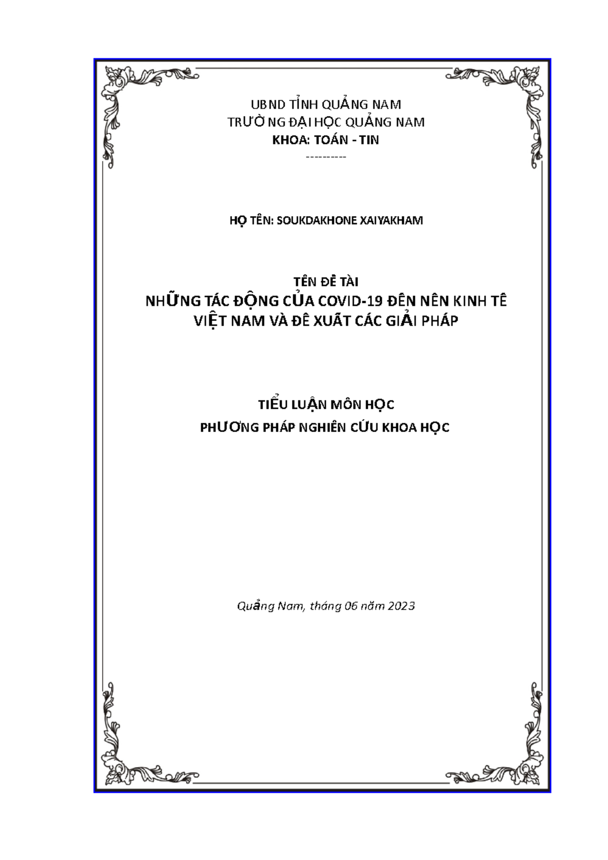 Bài tiểu luận PPNC khoa học Soukdakhone năm 2 kỳ ll - UBND T NH QUỈ ẢNG NAM TR ƯỜNG Đ ẠI H ỌC QU ...