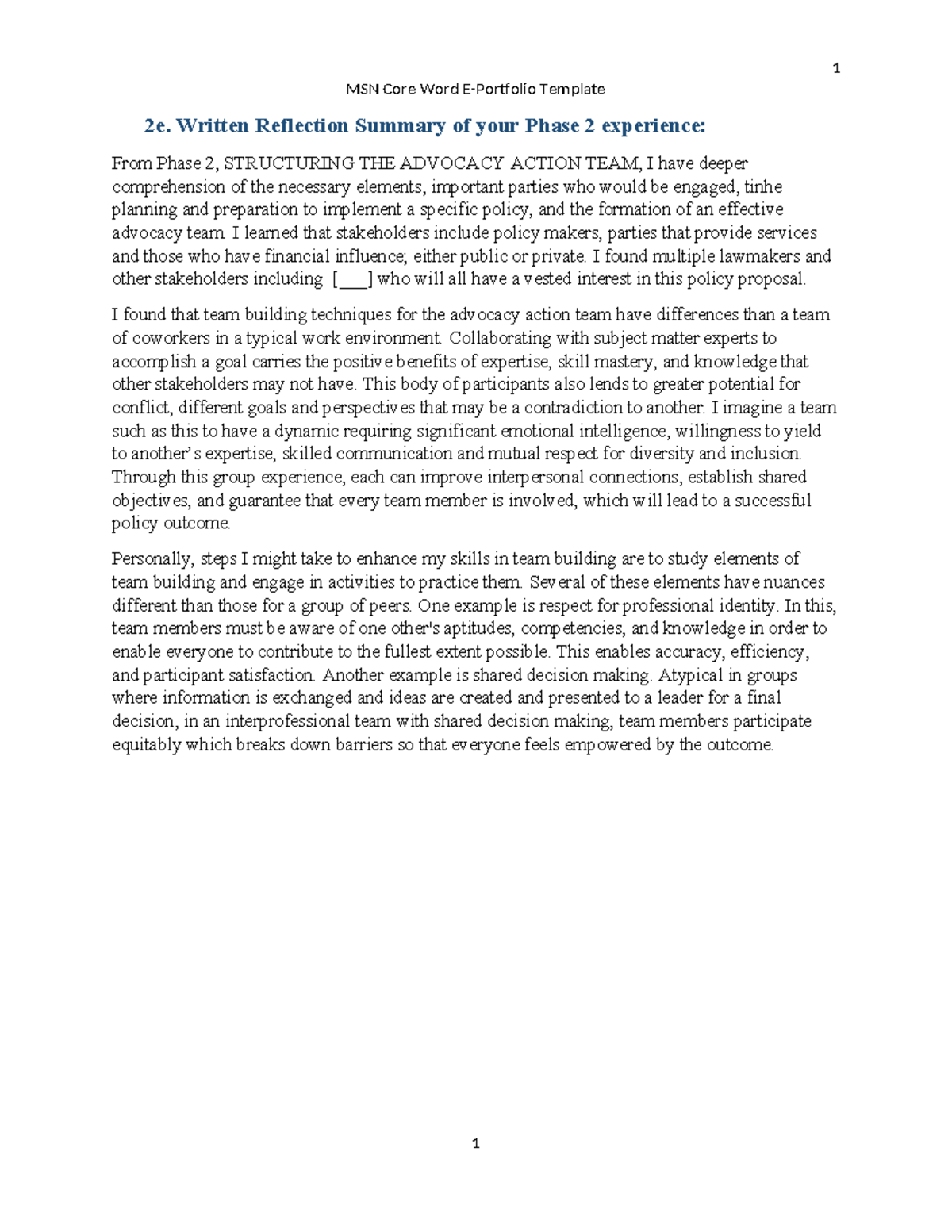 D025 Phase 2 Reflection Summary - 1 MSN Core Word E-Portfolio Template ...