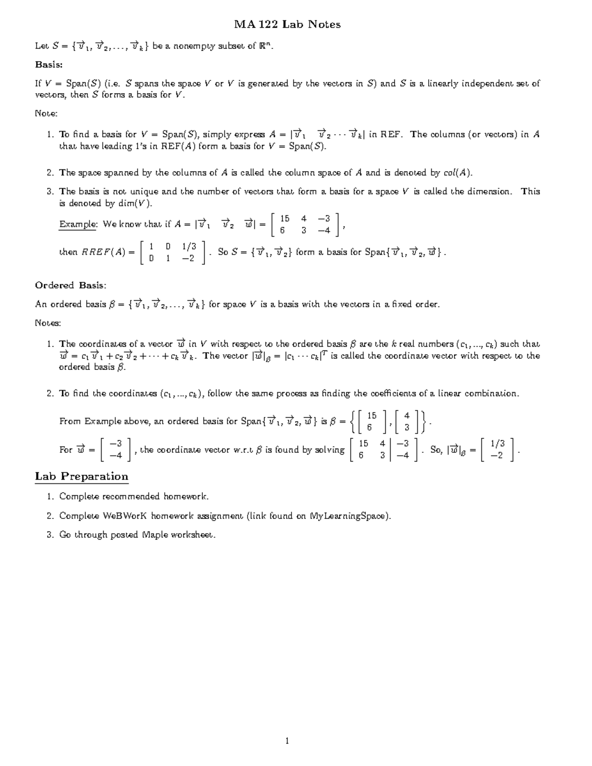 MA 122 - notes lab 9 - MA 122 Lab Notes Let S = {− → v 1 , −→ v 2 ...