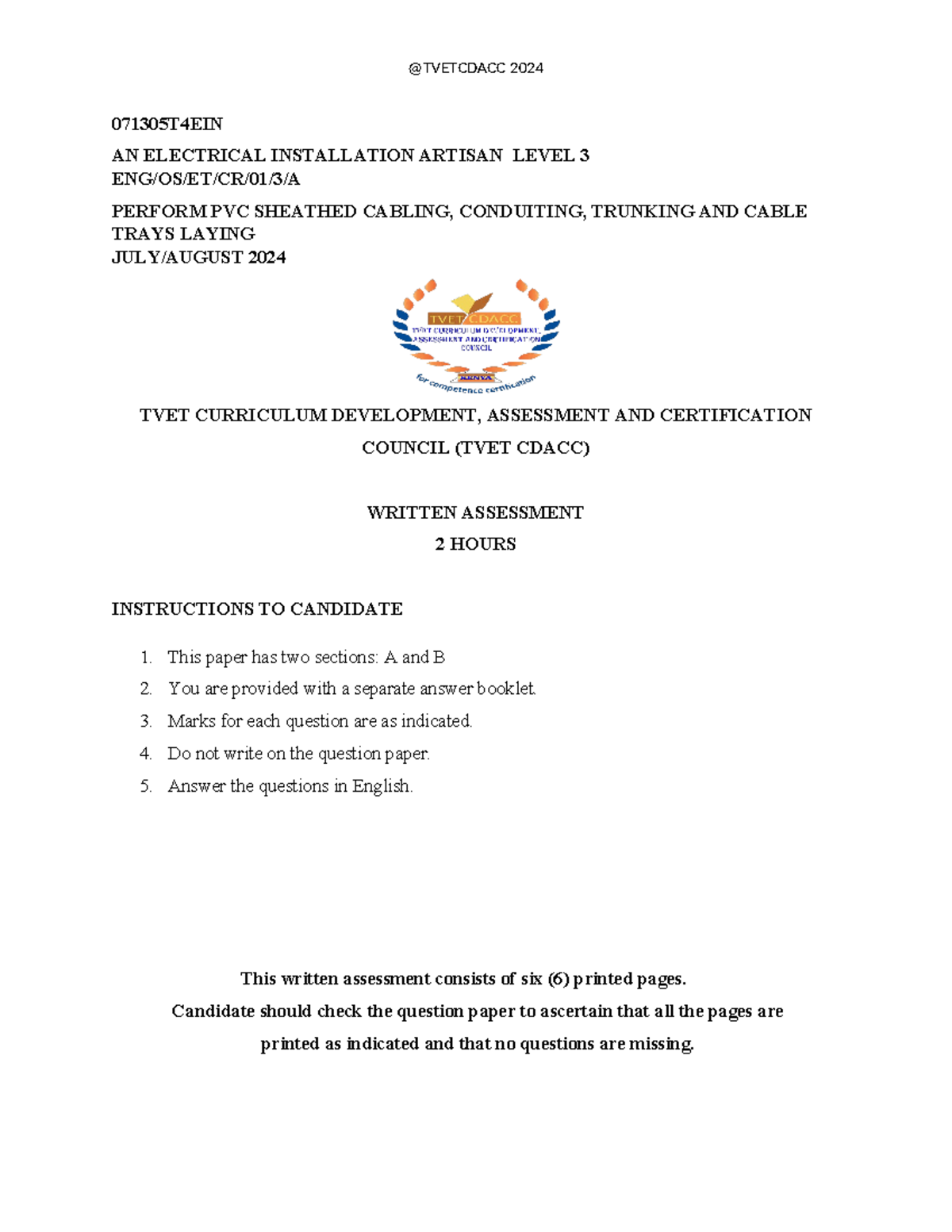 Electrical Installation Level 3 Candidate written test1 - @TVETCDACC ...