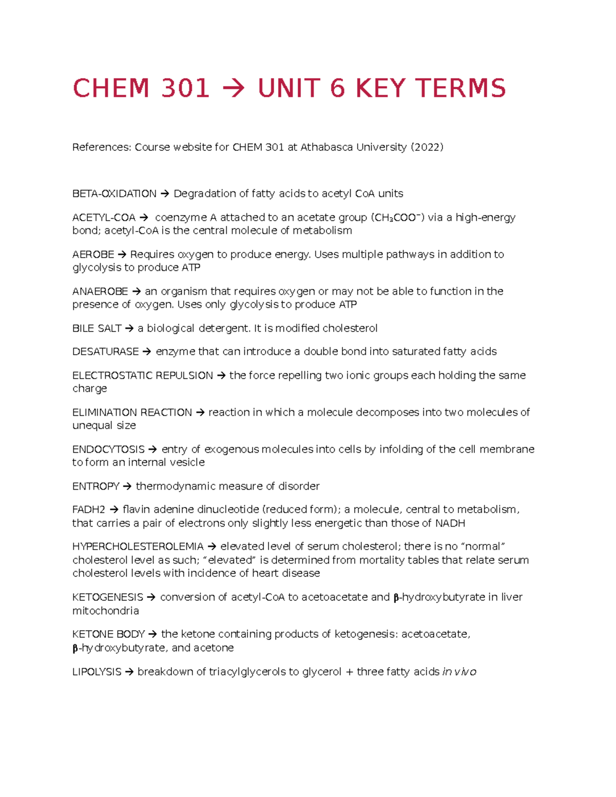 Unit 6 Key Terms - CHEM 301 UNIT 6 KEY TERMS References: Course website ...