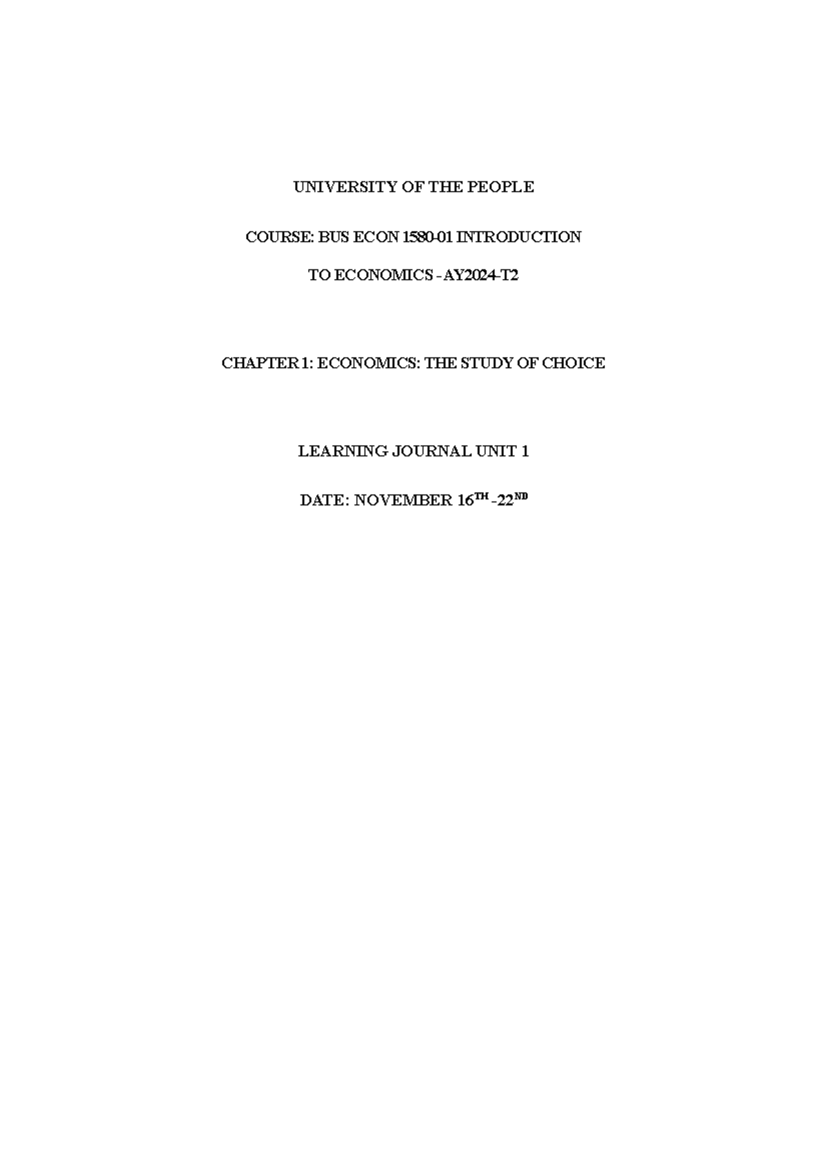 University OF THE People - UNIVERSITY OF THE PEOPLE COURSE: BUS ECON ...