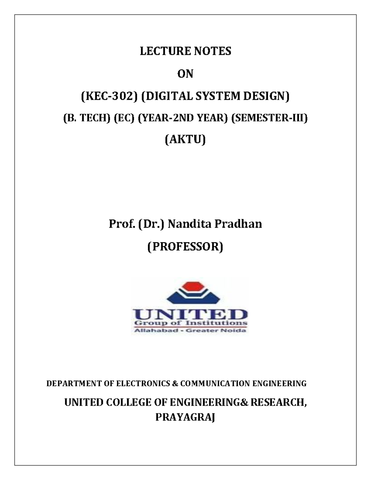 DSD Lecture-8 UNIT-4 - LECTURE NOTES ON (KEC-302) (DIGITAL SYSTEM ...