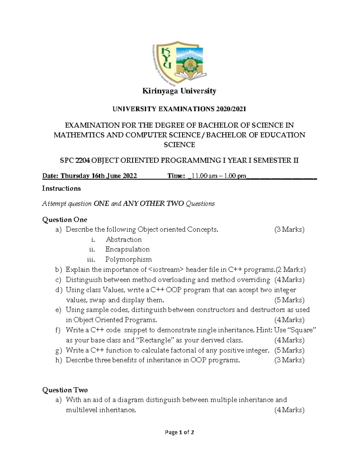 Spc 2204 Object Oriented Programming I Year I Semester Ii Page 1 Of 2 Kirinyaga University