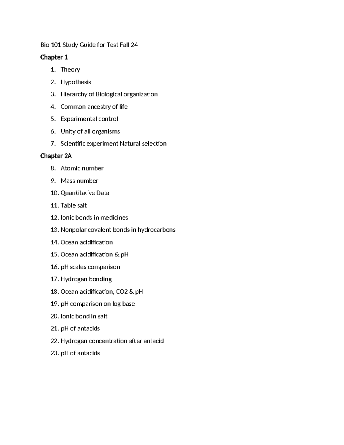 Exam 1 Study Guide - Bio 101 Study Guide for Test Fall 24 Chapter 1 1 ...