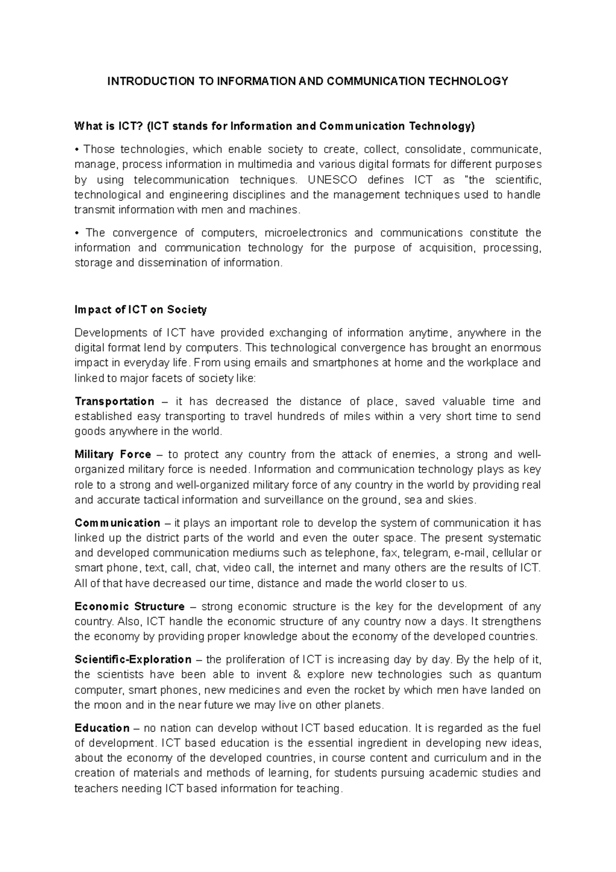 Introduction-TO-ICT - Basic informations - INTRODUCTION TO INFORMATION ...