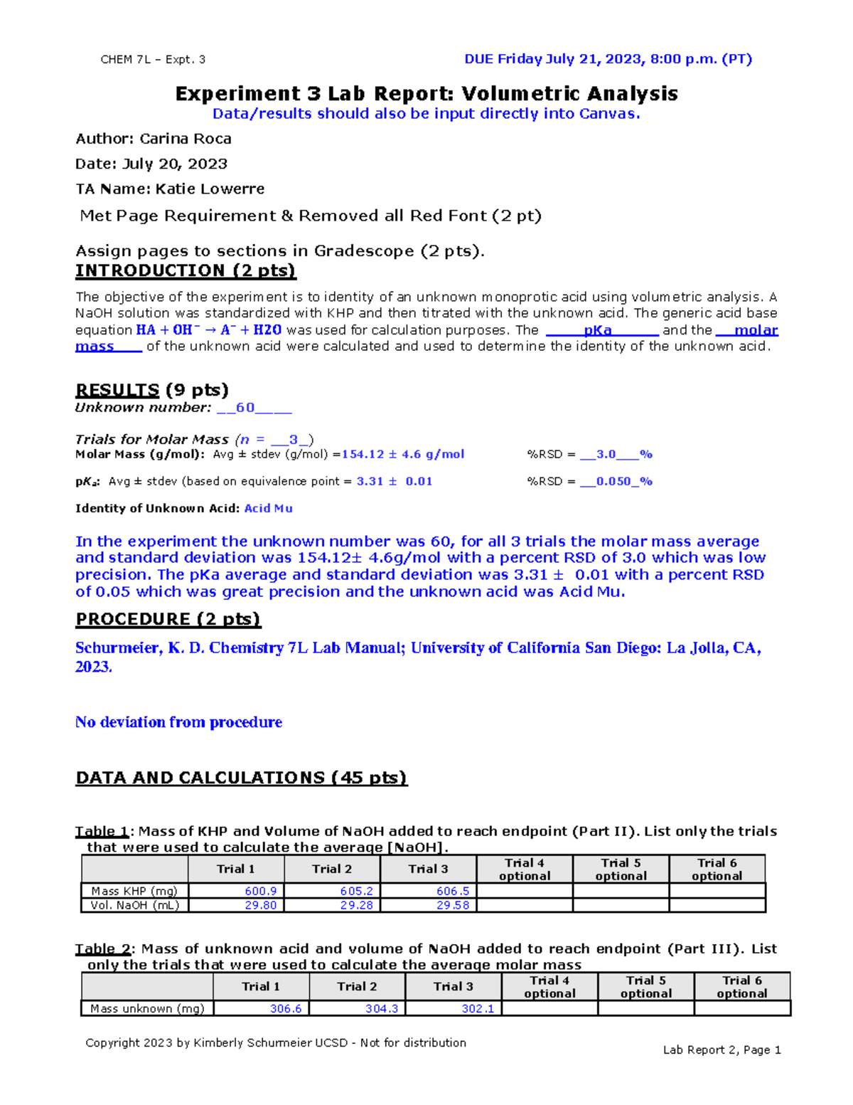 Expt3 Carina Rocha Volumetric Analysis - Experiment 3 Lab Report: Volumetric Analysis Data ...