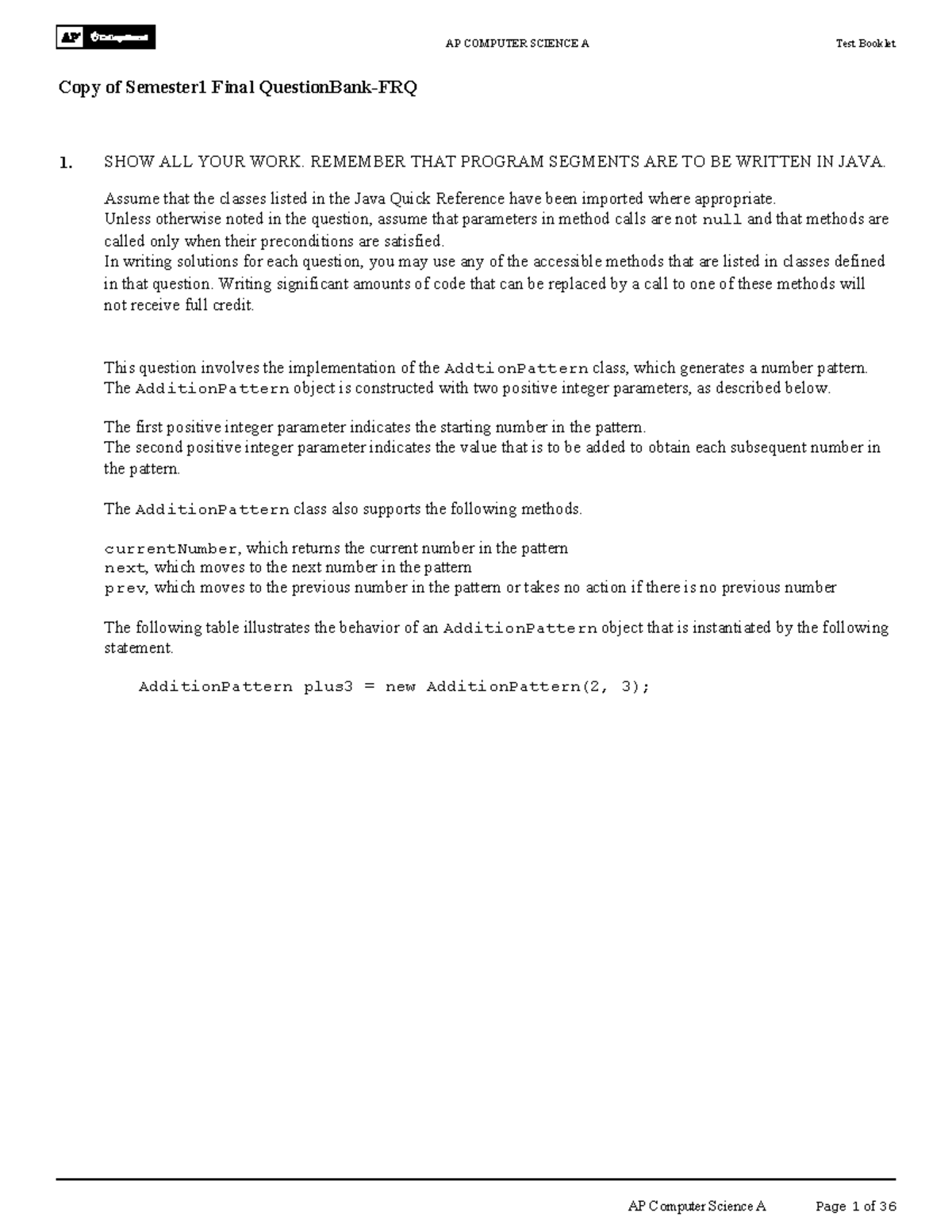 Ap-CSA-2022-2023-Winter Holiday Homework - 1. SHOW ALL YOUR WORK ...