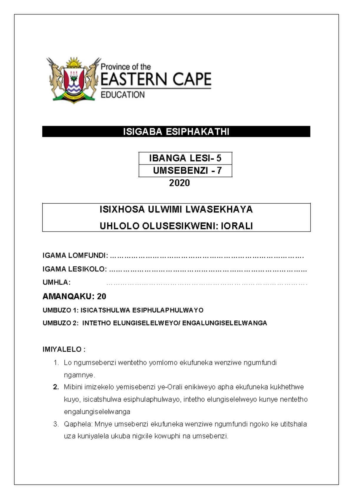 00 Isi Xhosa Ibanga 5 umsebenzi olungisiweyo - ISIGABA ESIPHAKATHI ...