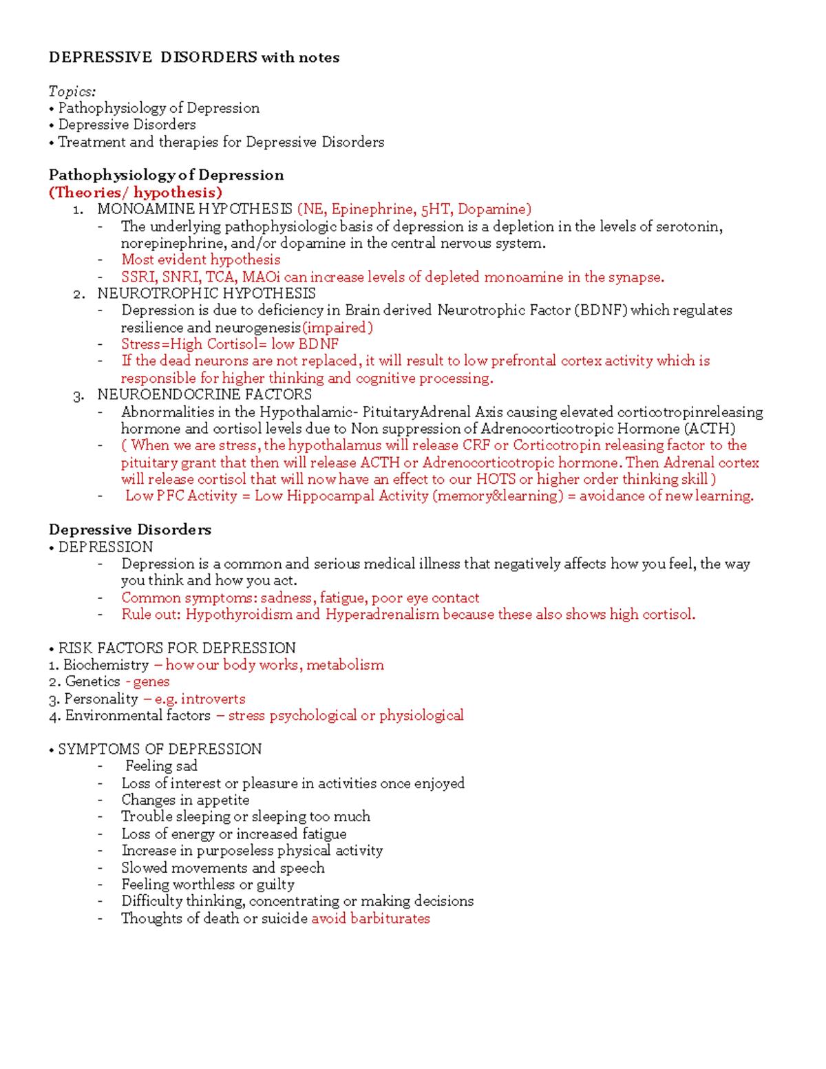 Depressive disorder - DEPRESSIVE DISORDERS with notes Topics ...