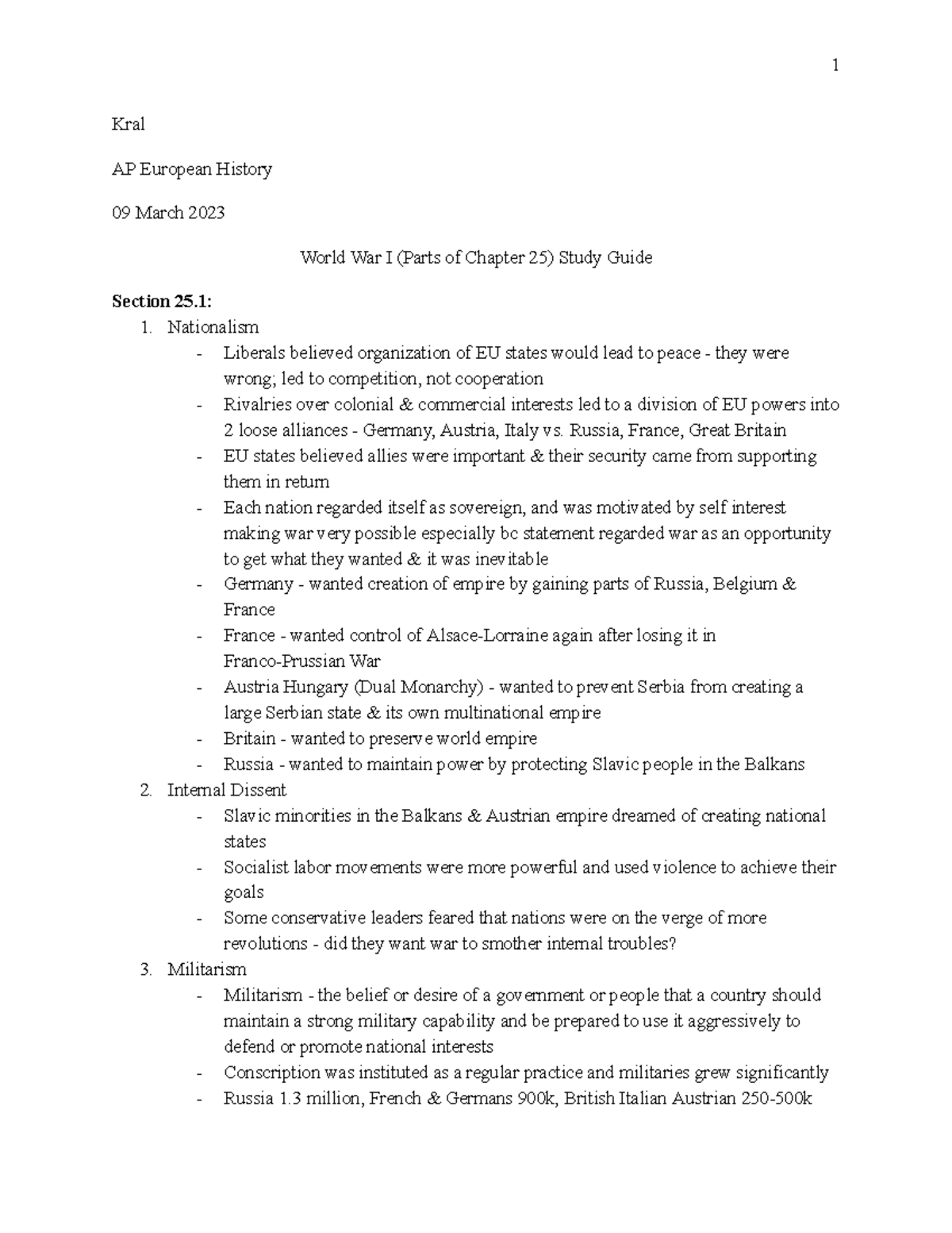 World War I (Parts of Chapter 25) Study Guide - Kral AP European ...