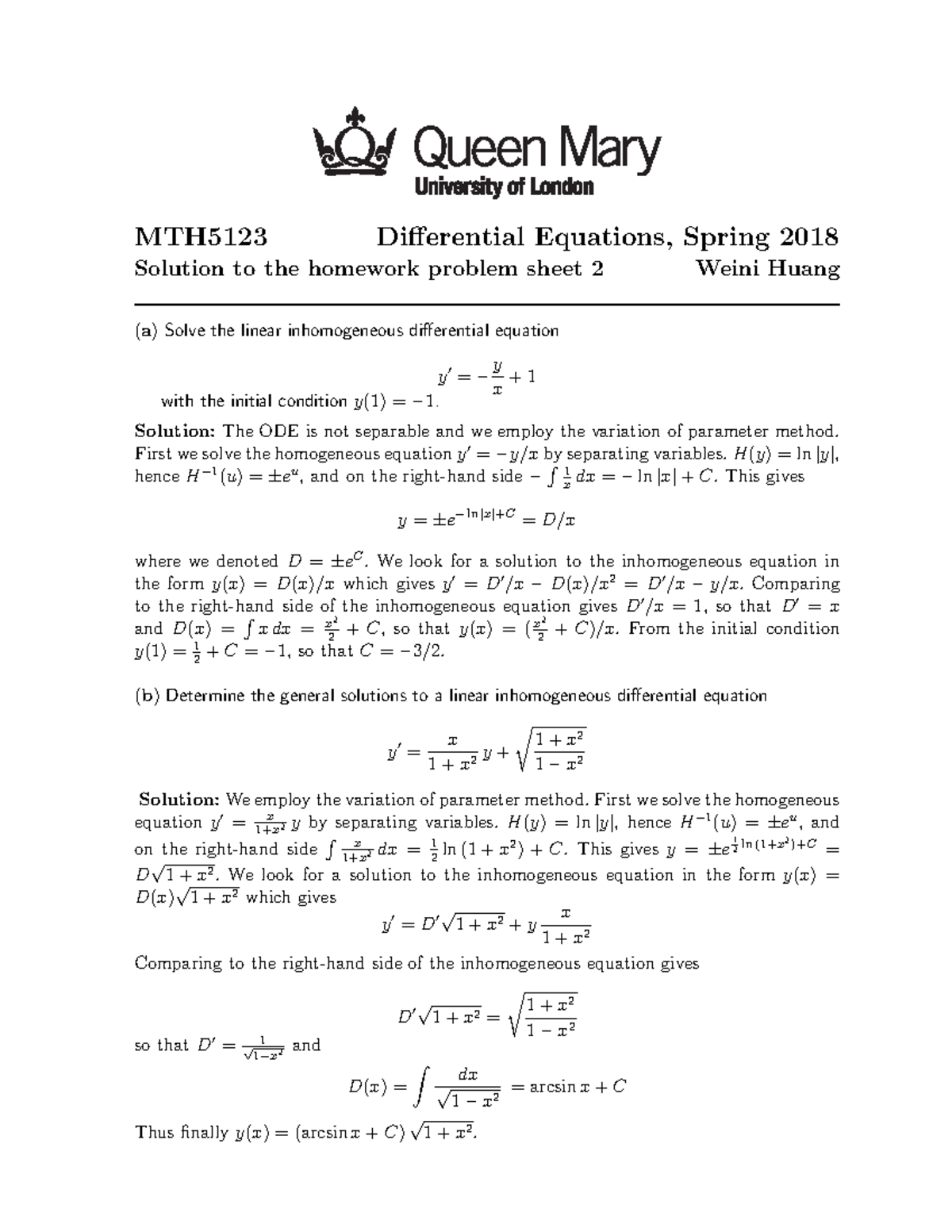Differential Equations CW3 Homework Question Solution - MTH5123 ...
