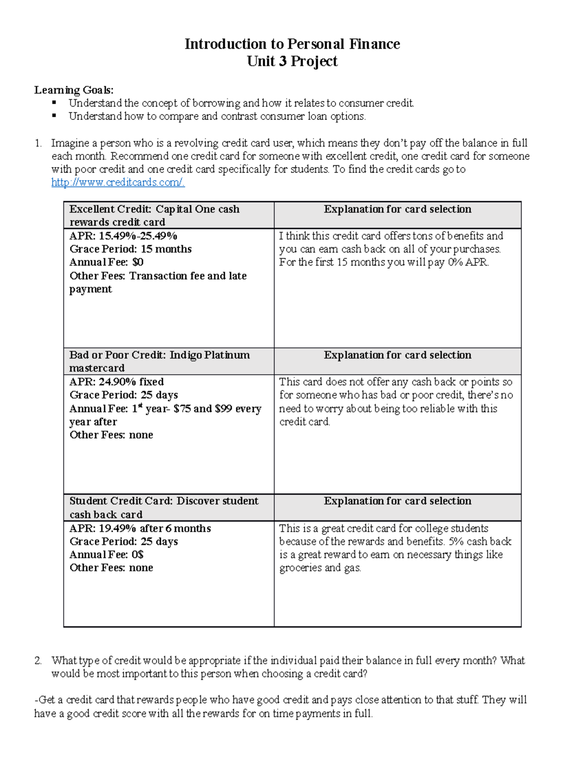 Unit 3 Project turn in - Introduction to Personal Finance Unit 3 ...