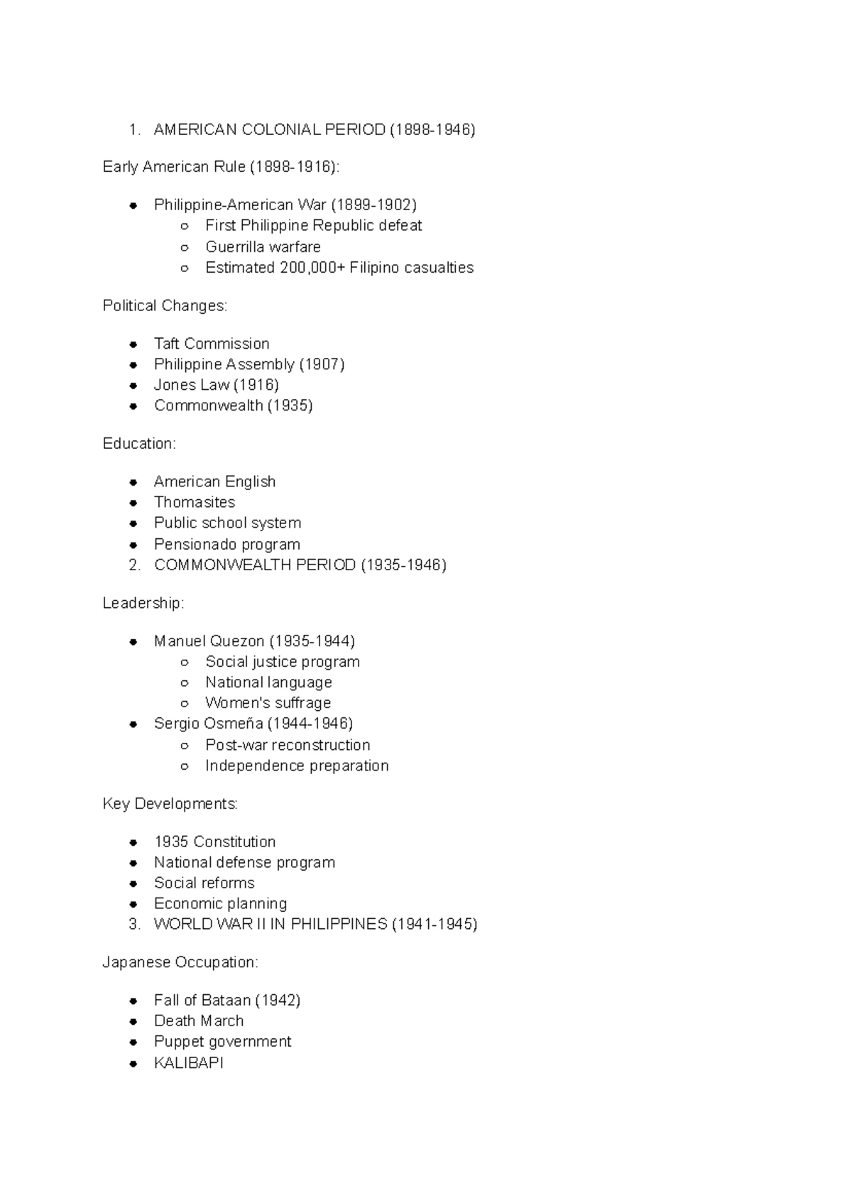 20th century histo - 1. AMERICAN COLONIAL PERIOD (1898-1946) Early ...