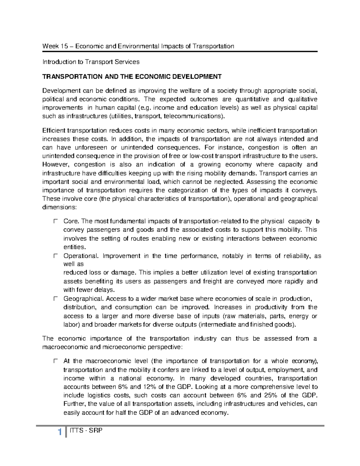 Wk 15 - Economic and Environmental Impact of Transportation - Week 15 3 ...