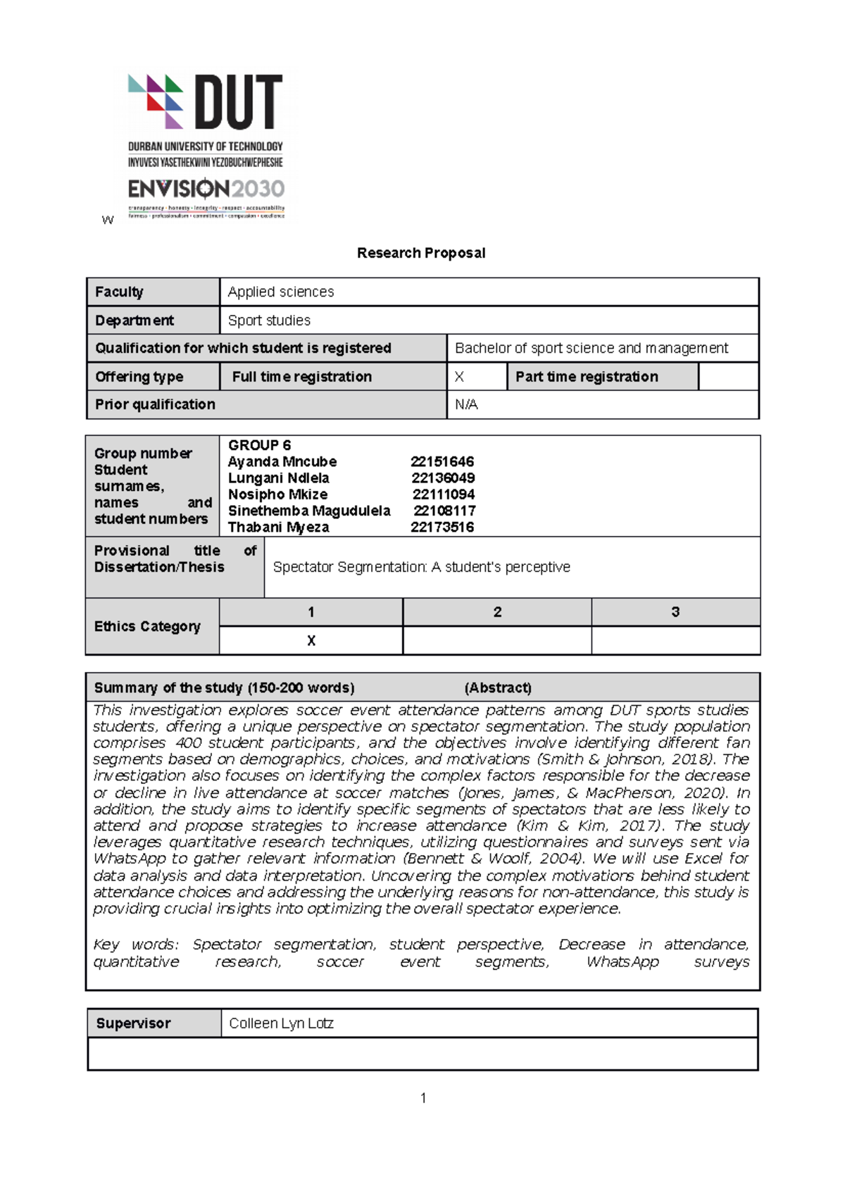 SPRP 301 Research Proposal Submission 1 - w Research Proposal Faculty ...