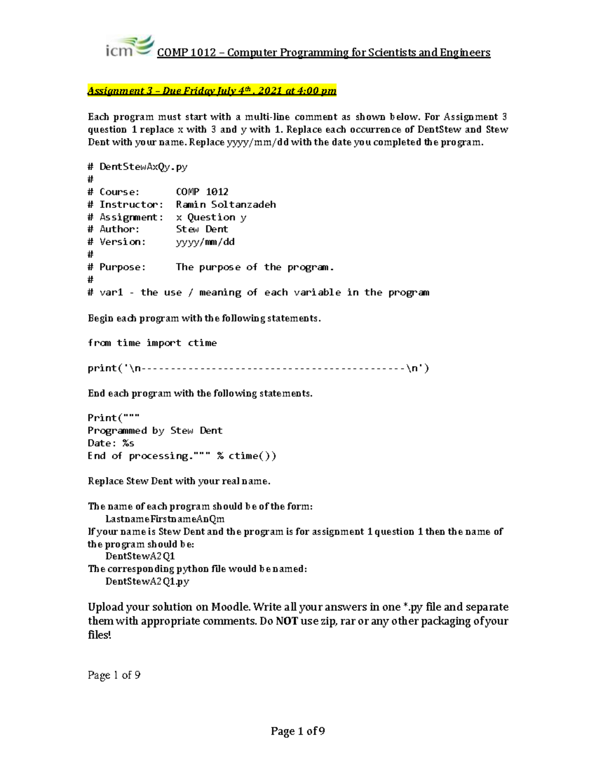 Comp 1012icm Assigment 3summer 2021 Assignment 3 Due Friday July 4th 20 21 At 400 Pm