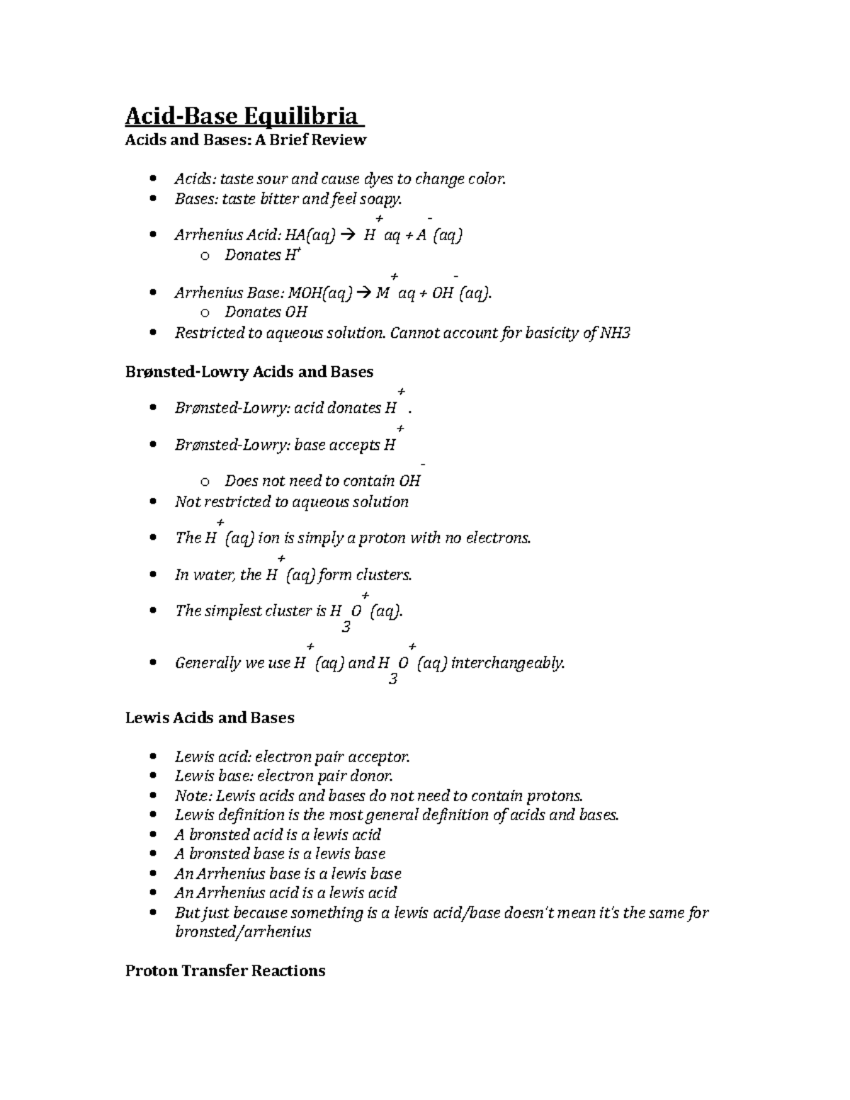 CHEM1048 Lecture Notes Block 3 summary - Acid-Base Equilibria Acids and ...