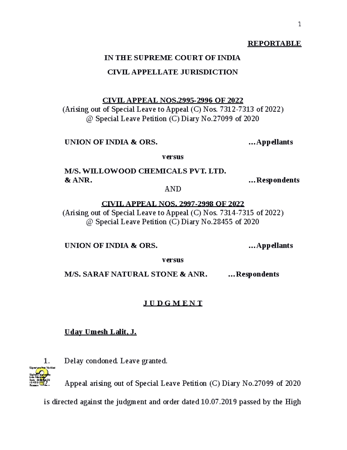 SC judgment in Willowood - REPORTABLE IN THE SUPREME COURT OF INDIA ...