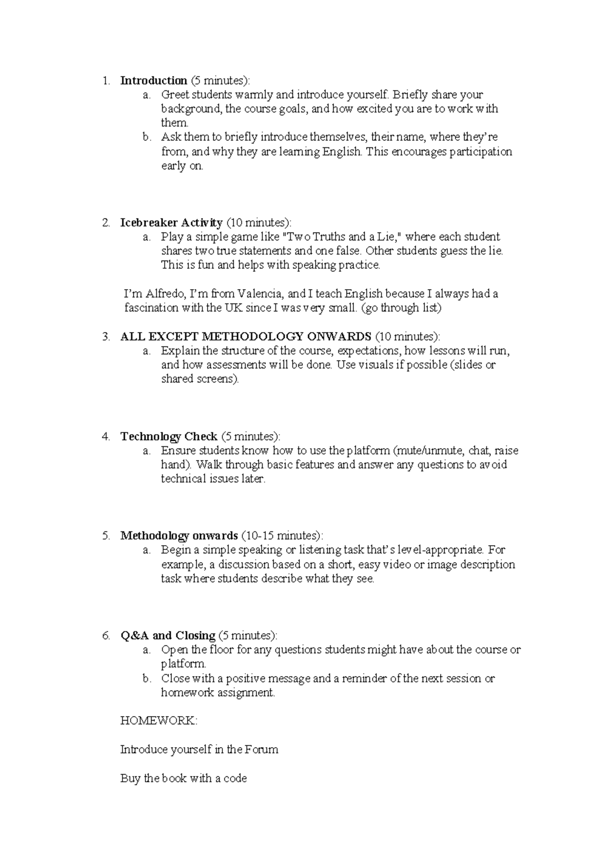 Lesson plan 1 - Classe inicial del curs de primer B1 - Introduction (5 ...