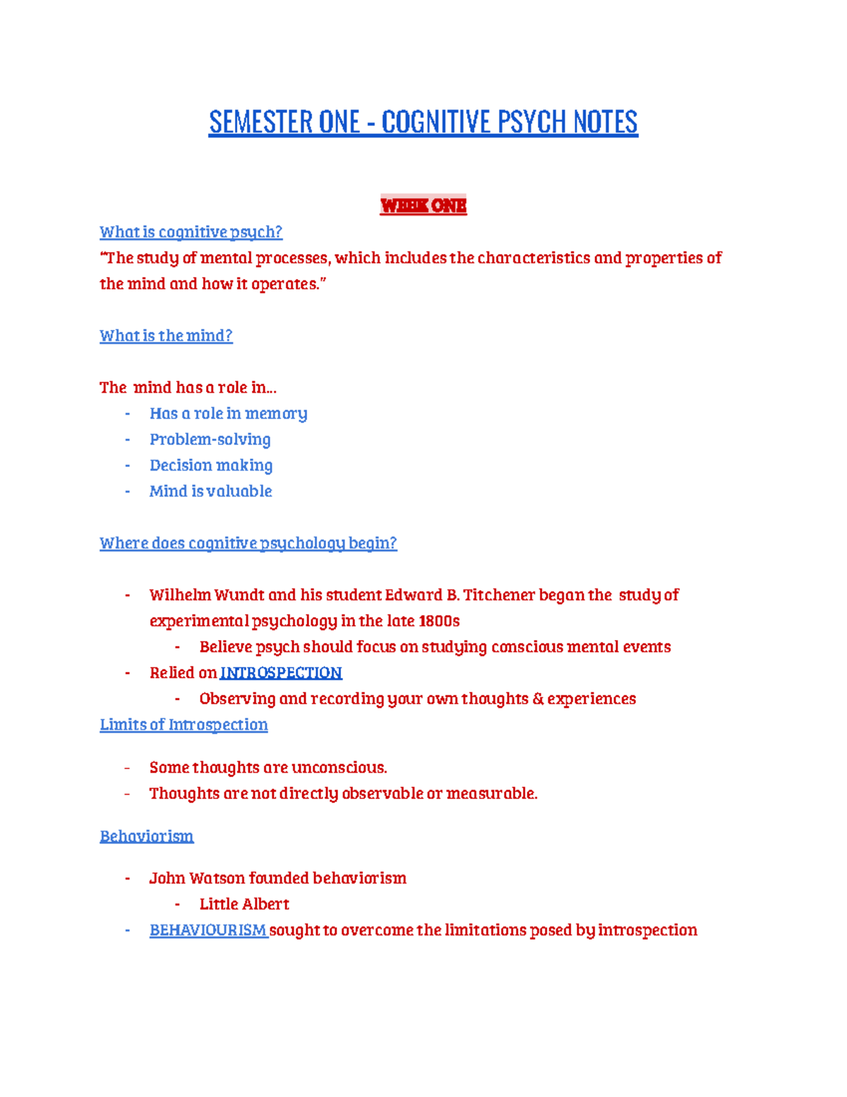 Semester One - Cognitive Psych Notes - SEMESTER ONE - COGNITIVE PSYCH ...