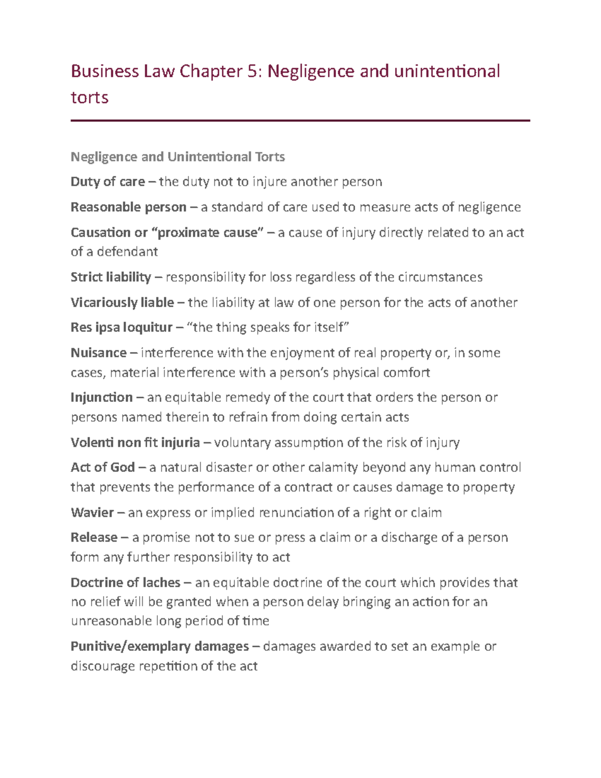 Business Law Chapter 5 - notes - Business Law Chapter 5: Negligence and ...