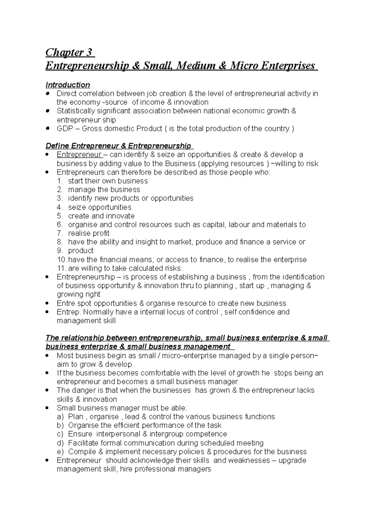 Chapter 3-5 notes - Chapter 3 Entrepreneurship & Small, Medium & Micro ...
