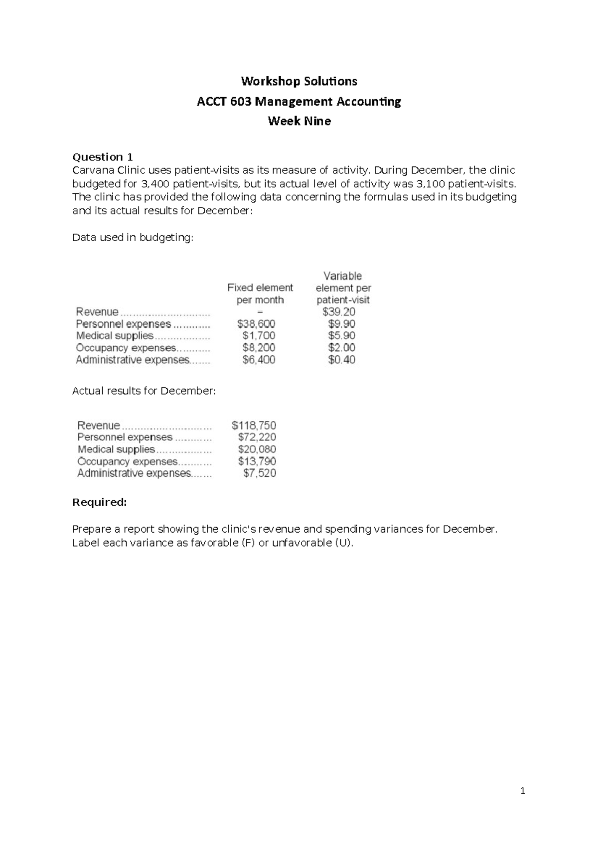 Week 9 Workshop solutions - Workshop Solutions ACCT 603 Management ...